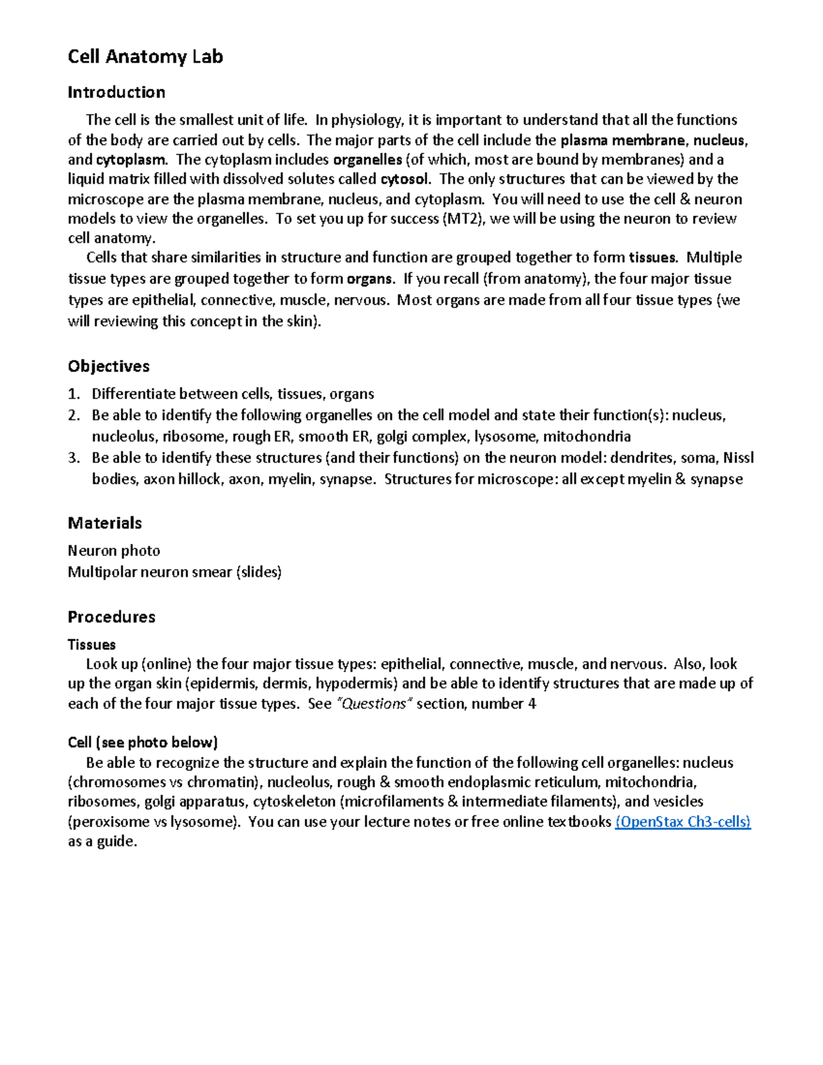 3 Cell Anatomy Lab - Lecture notes 4 - Cell Anatomy Lab Introduction ...