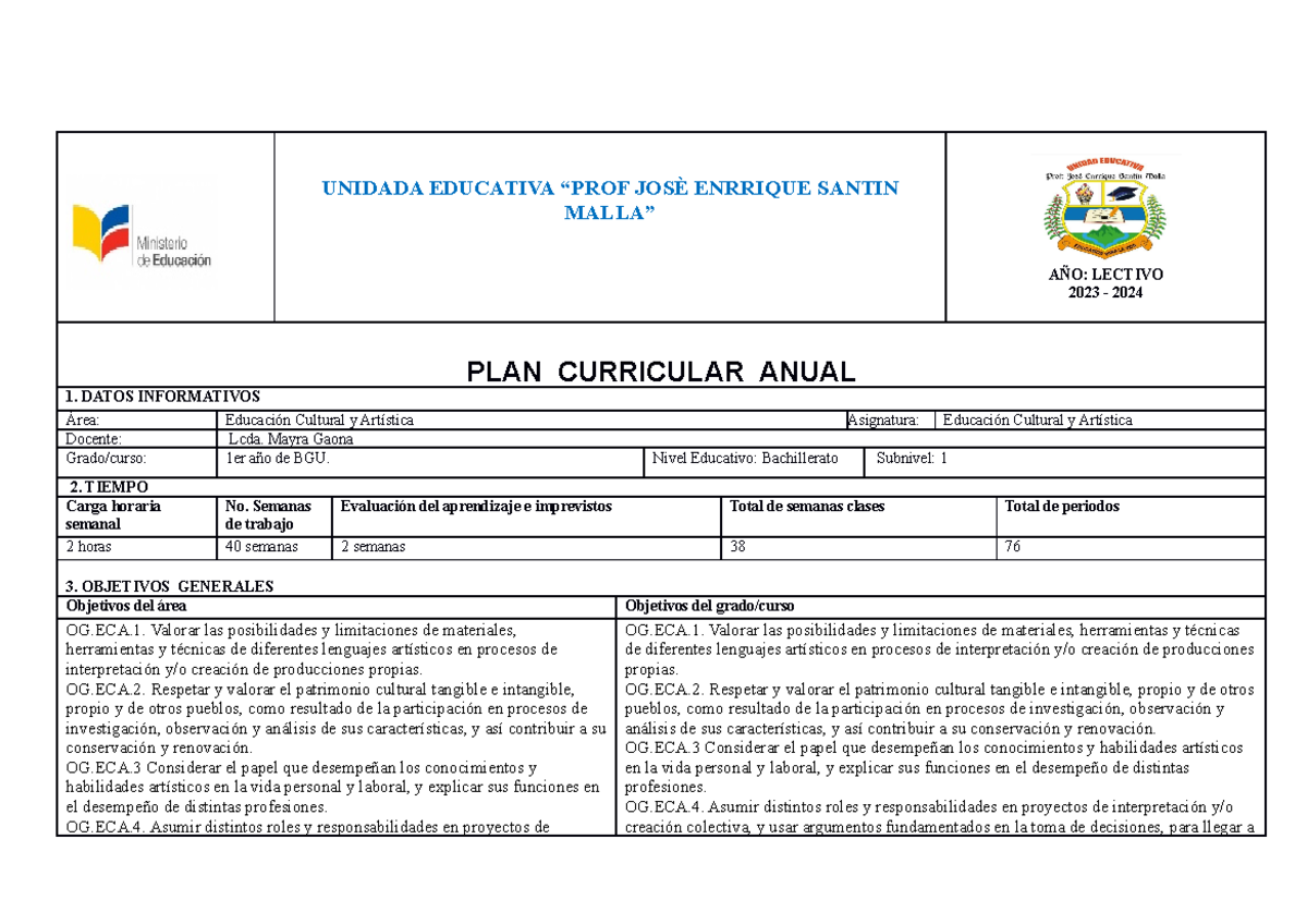 PLAN Curricular Anual ECA 1ro. BGU - UNIDADA EDUCATIVA “PROF JOSÈ ...