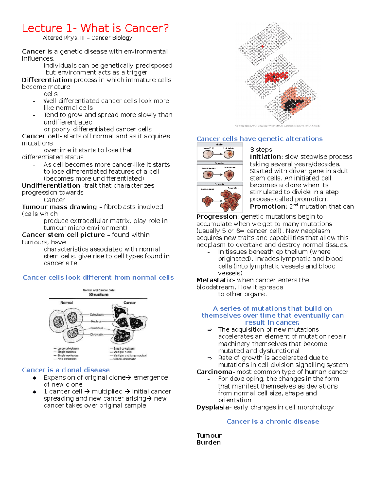 Lecture 1- cancer bio notes and required readings - Lecture 1- What is ...
