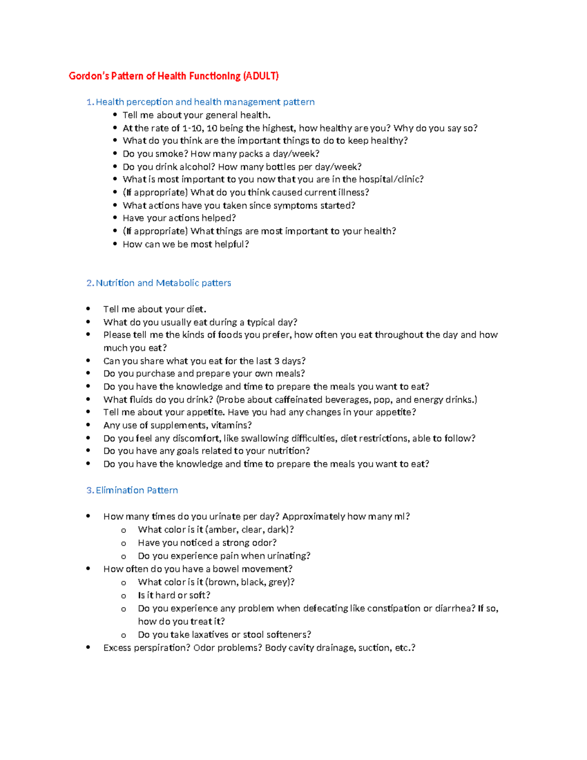 11 Gordons Guide Questions - Gordon’s Pattern of Health Functioning ...