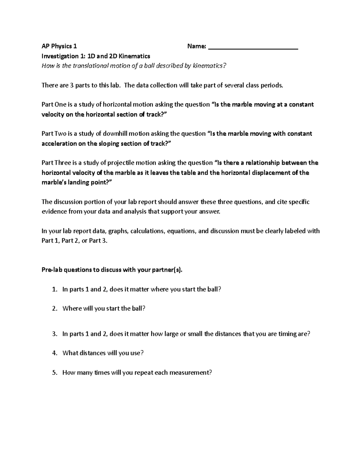 AP Lab 1 1D and 2D Kinematics - AP Physics 1 Name ...