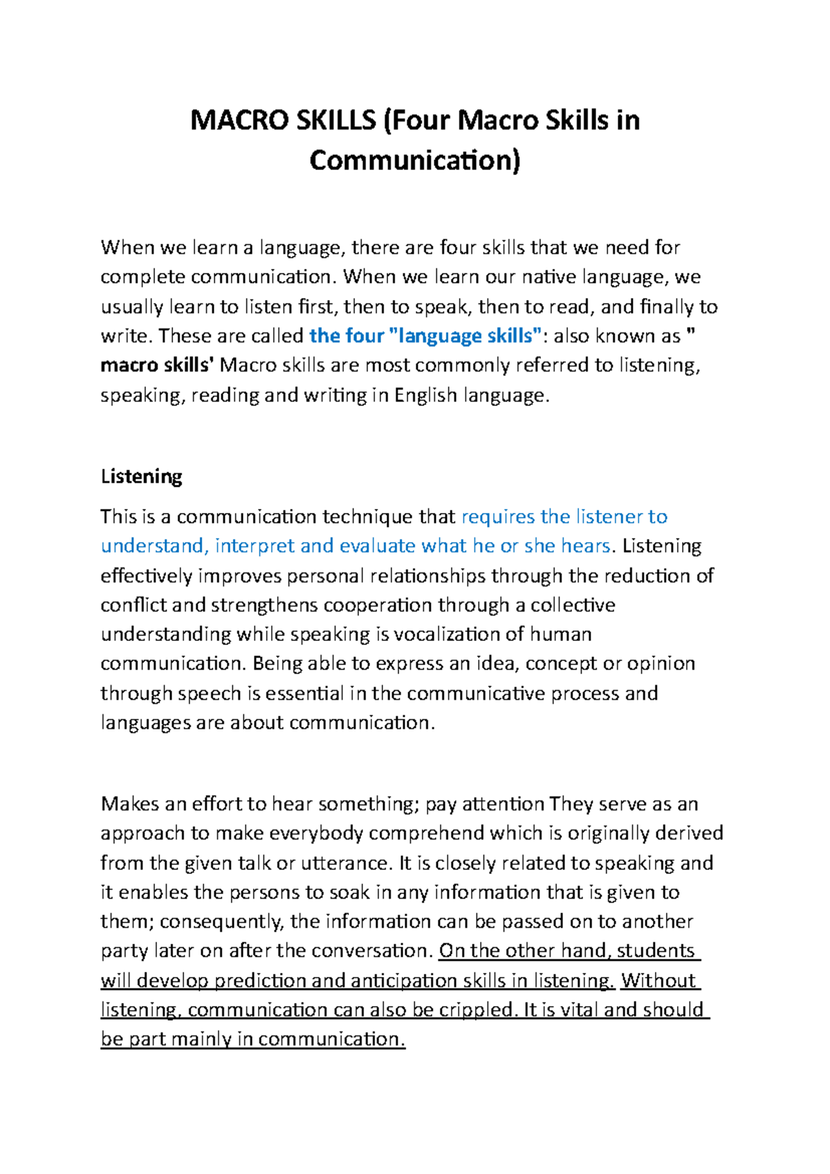 Macro FOUR Macro Skills-in-Communication - MACRO SKILLS (Four Macro ...