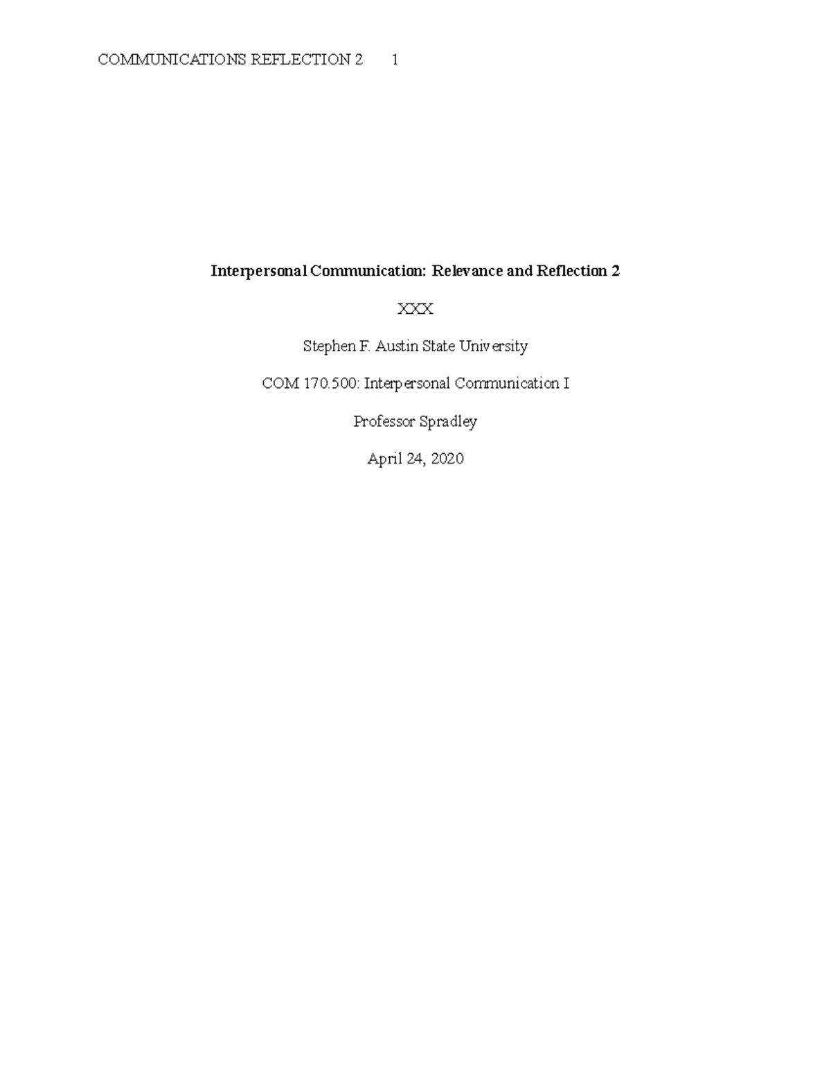 Com reflection 2 - Interpersonal Communication: Relevance and ...