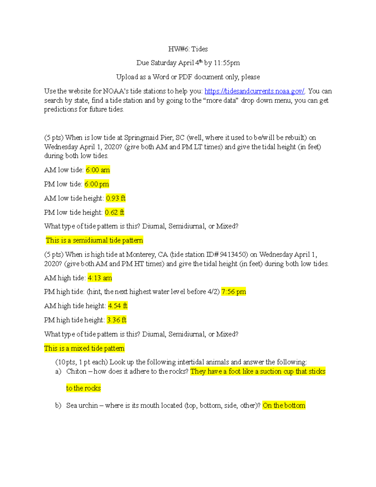 HW #6 - professor eric rosch - HW#6: Tides Due Saturday April 4th by 11 ...