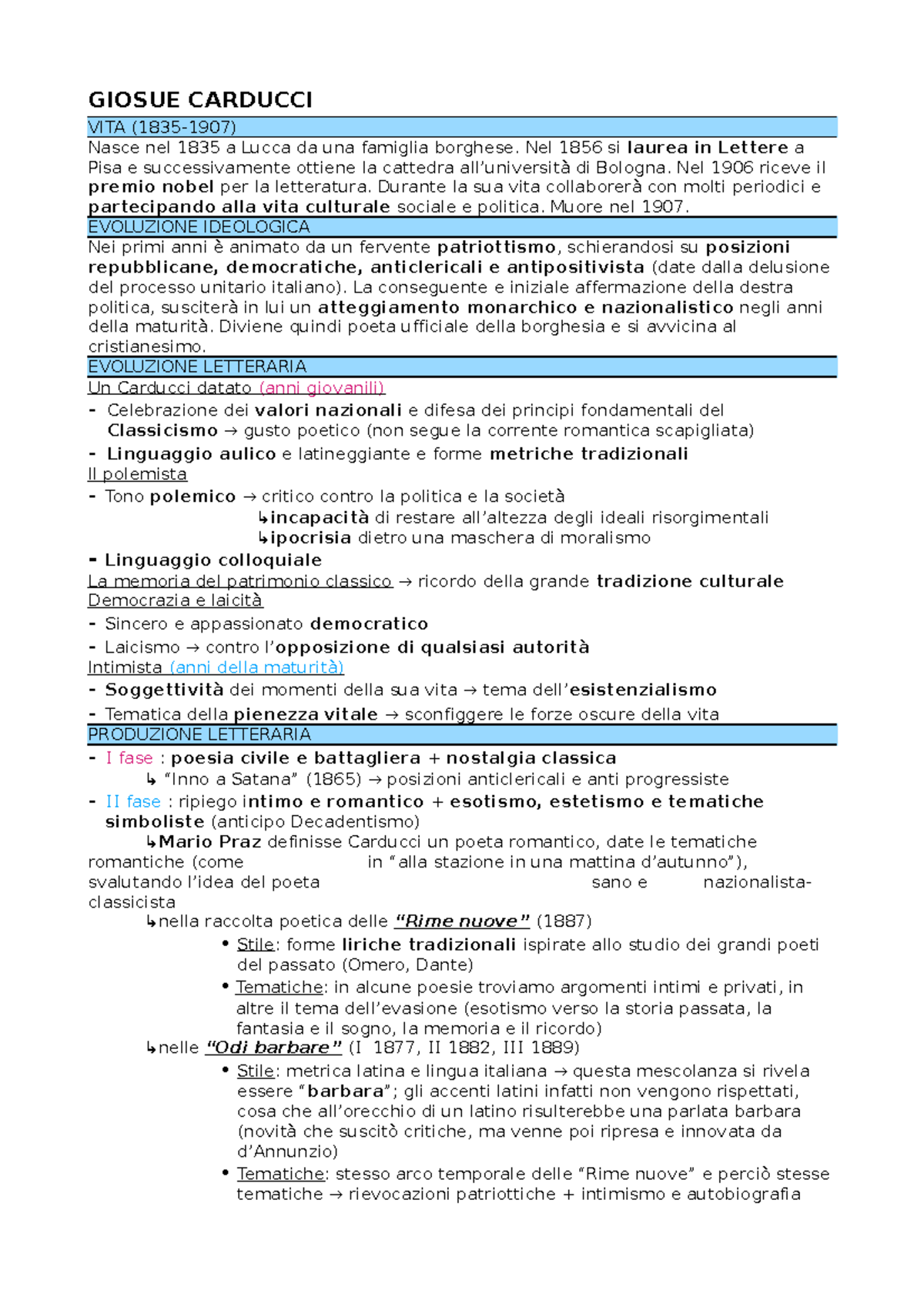 Carducci vita e opere - GIOSUE CARDUCCI VITA (1835-1907) Nasce nel 1835 ...