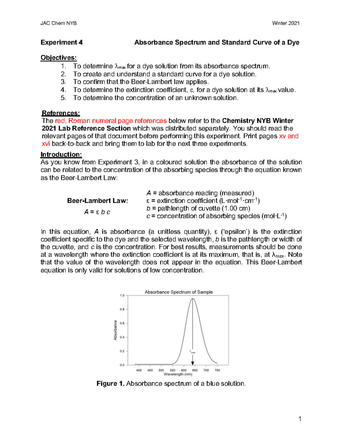 Exp 4 - chemistry - Experiment 4 Absorbance Spectrum and Standard Curve ...