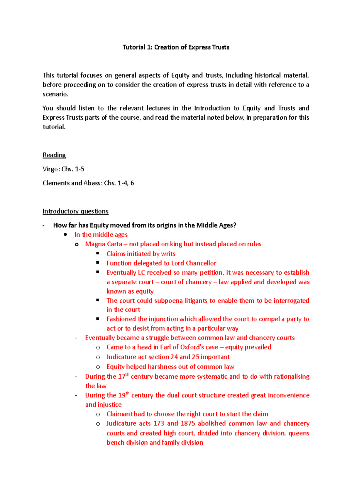 Equity and trusts tutorial 1 - Tutorial 1: Creation of Express Trusts ...