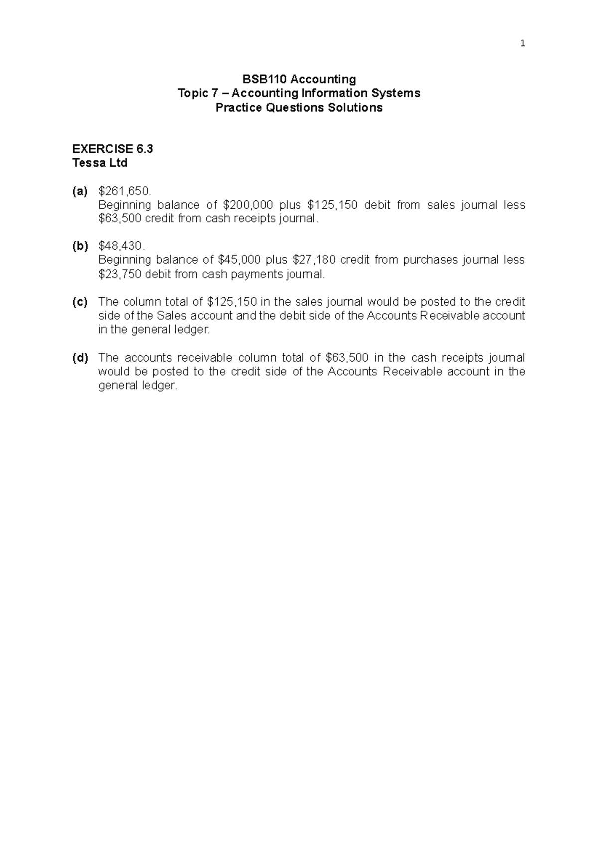 Topic 7 - Practice Questions Solutions - 1 BSB110 Accounting Topic 7 ...