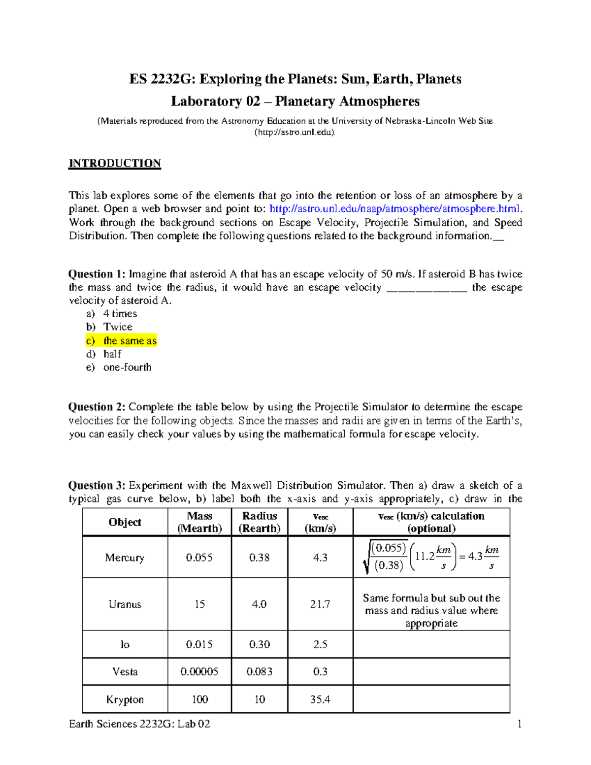 Planetary Atmosphere Lab - ES 2232G: Exploring the Planets: Sun, Earth ...