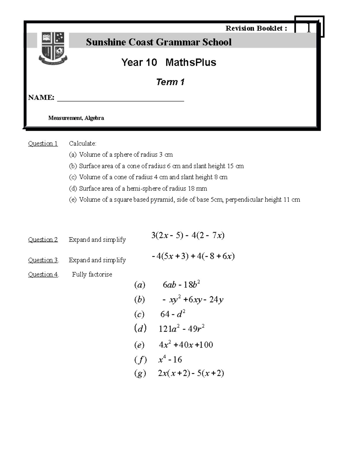 2021 Term 1 Revision Booklet - Revision Booklet : Sunshine Coast ...