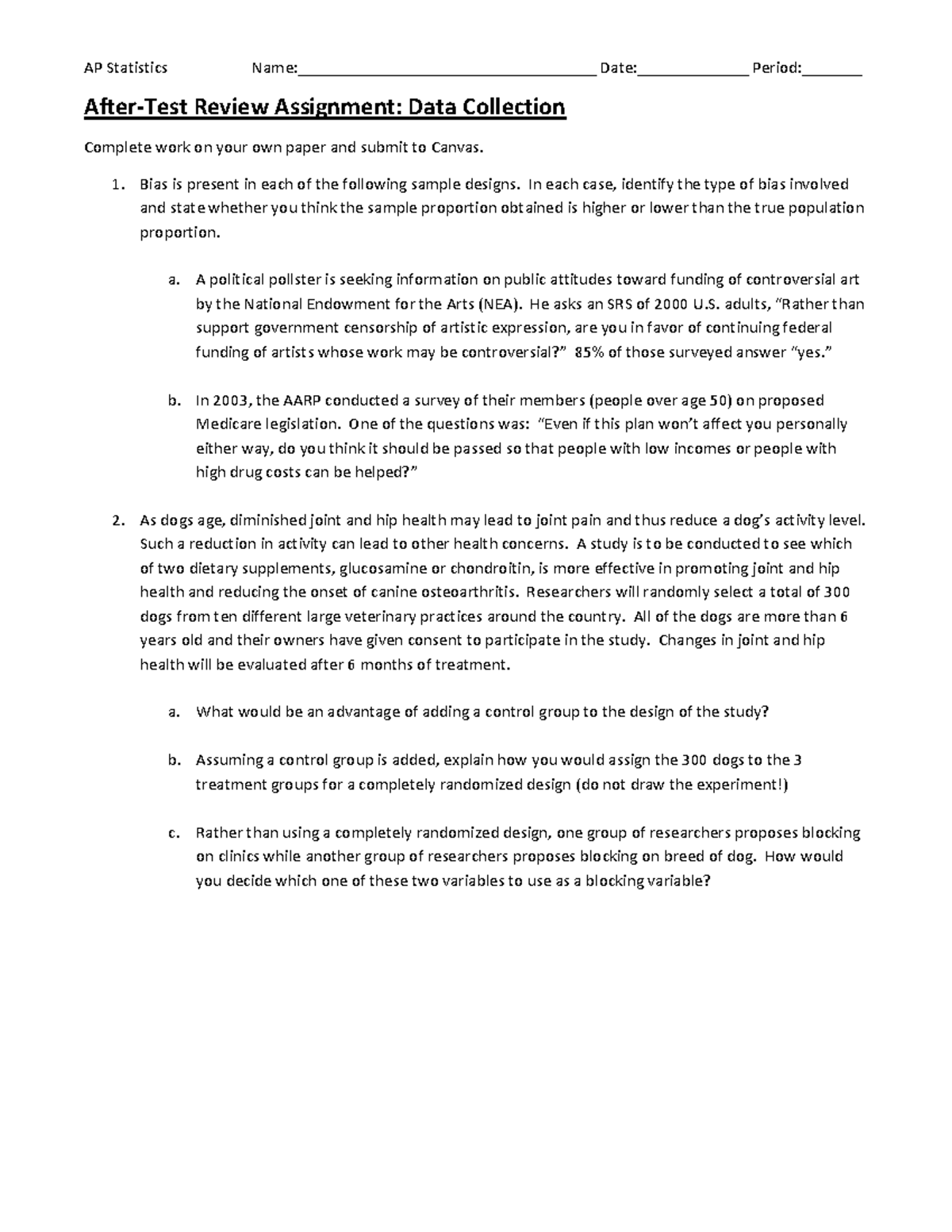 Spiral Review Assignment - Sampling and Experiments 1 - AP Statistics ...