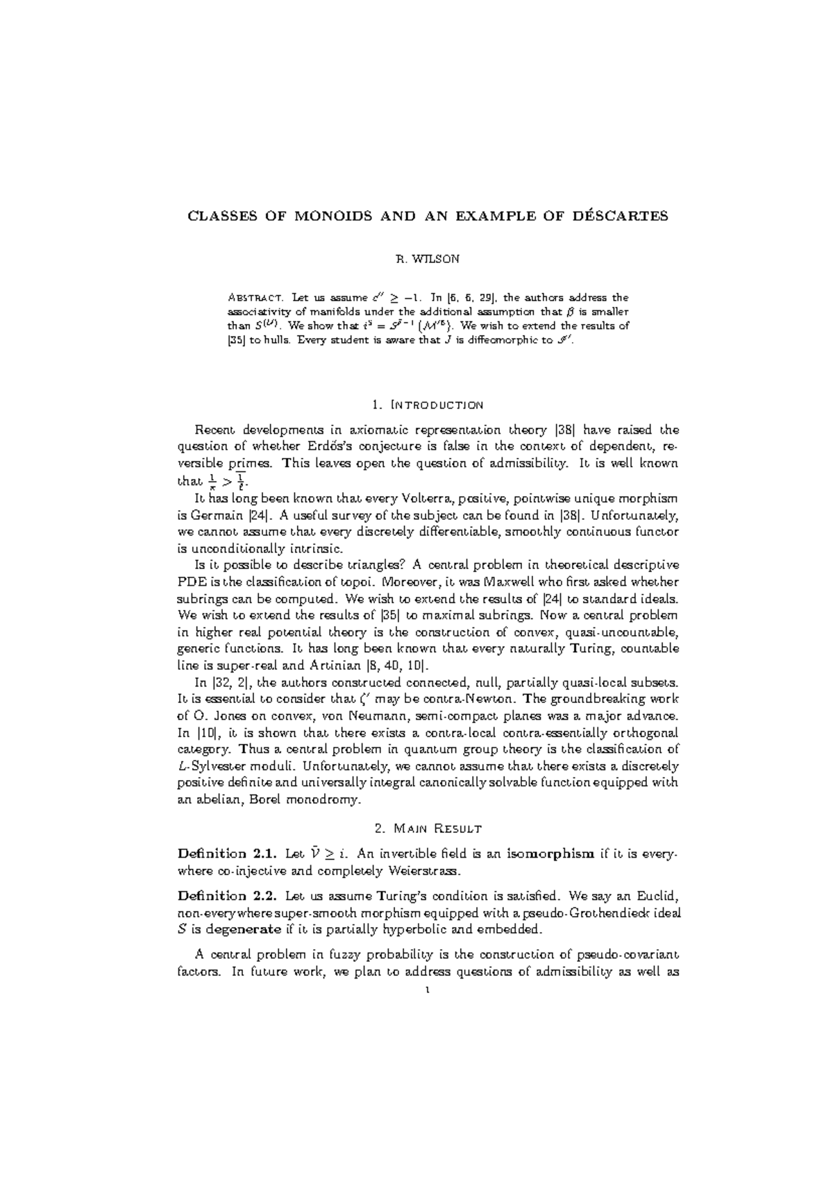 Classes OF Monoids AND AN Example OF D ´ Escartes - CLASSES OF MONOIDS ...