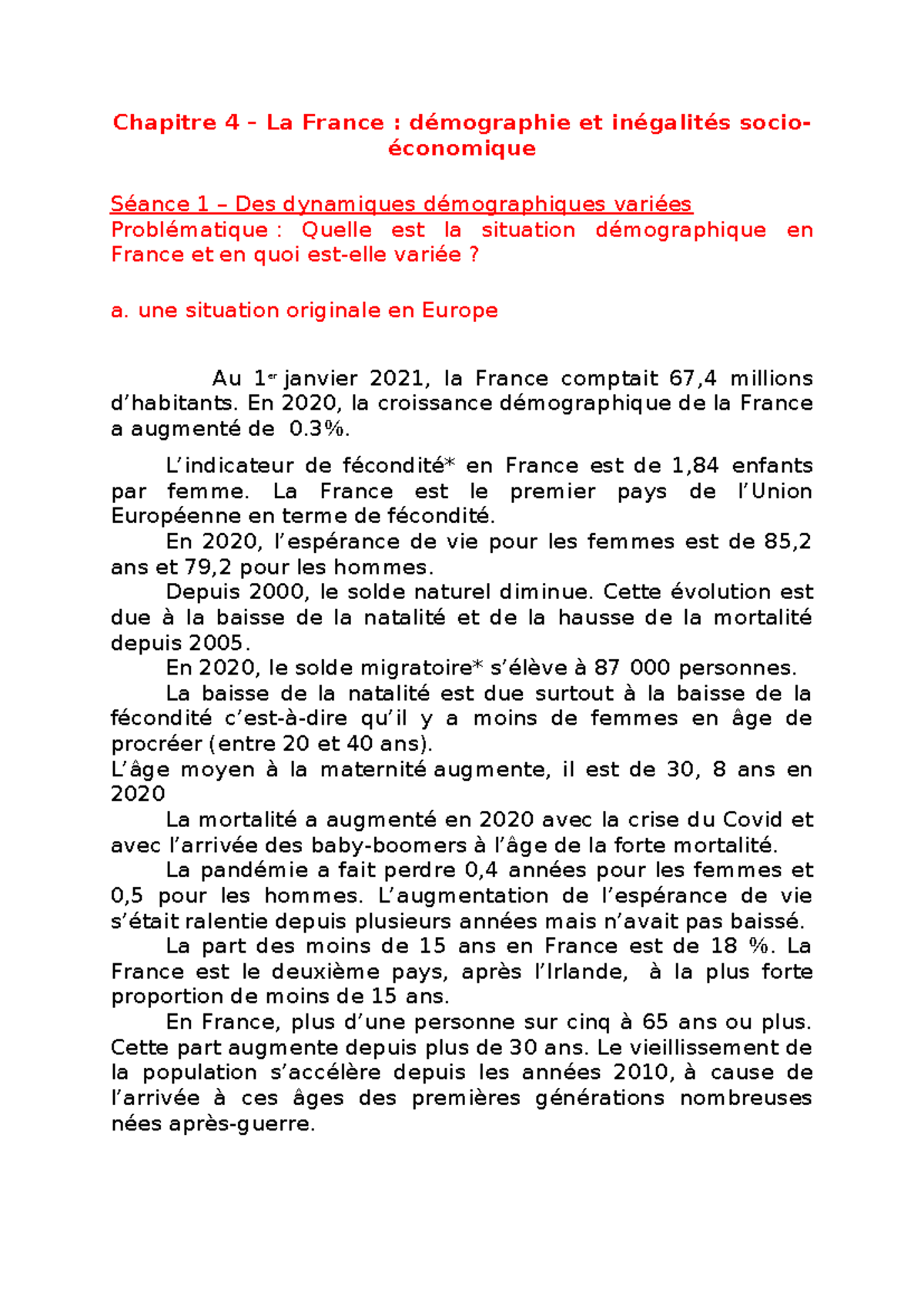 Histoire Chapitre 4 - Chapitre 4 – La France : démographie et ...