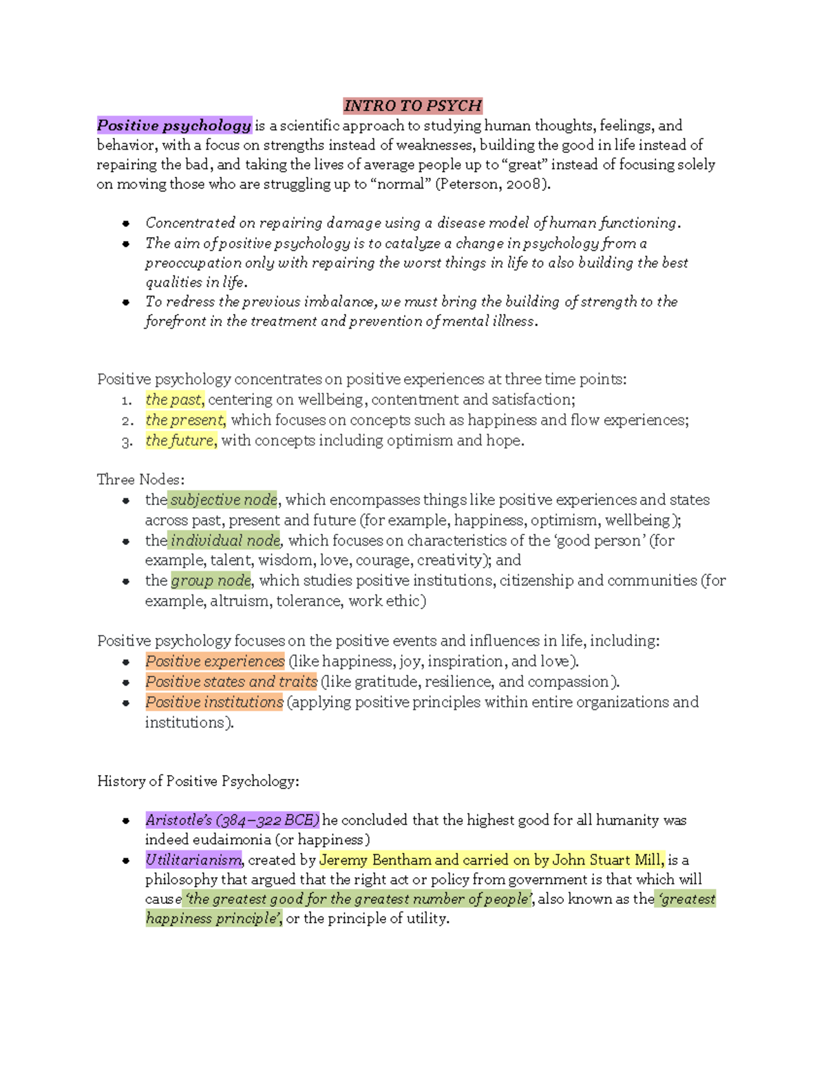 Positi VE Psych Reviewer - INTRO TO PSYCH Positive psychology is a ...