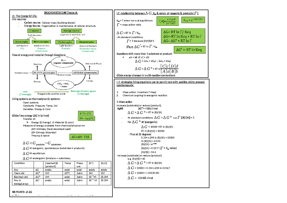 Theme A summary - BIOCHEMISTRY 244 Theme A: L1: The Energy Of Life ...