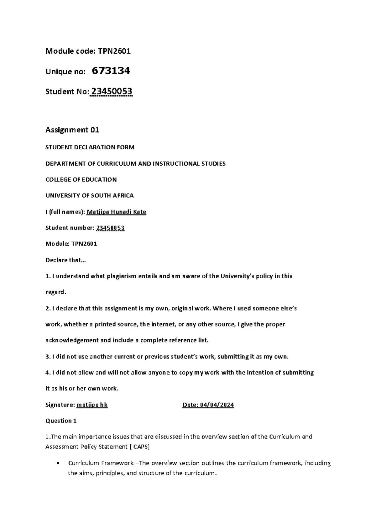 TPN2601 Assignment 01 Student NO 23450053 - Module code: TPN Unique no: 673134 Student No ...