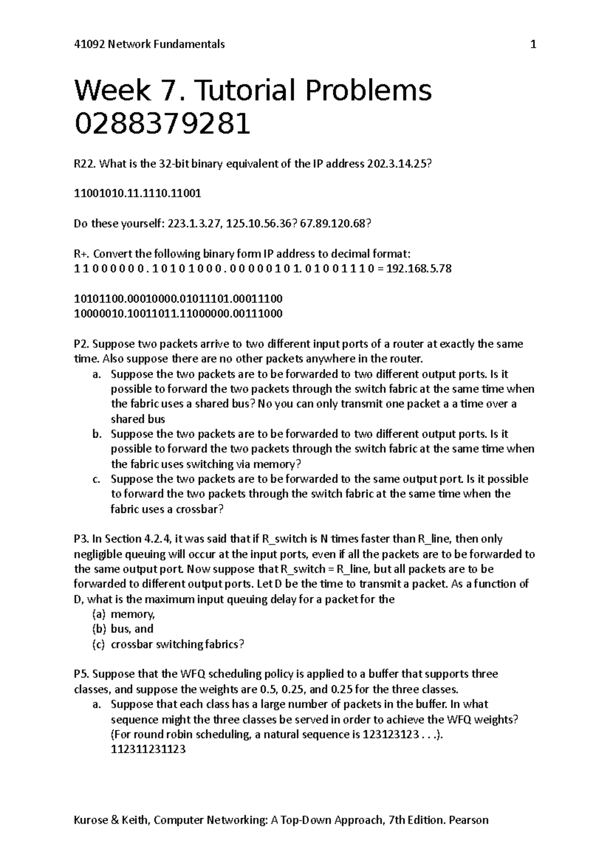 Week7 Tutorial Problem 41092 Network Fundamentals Week 7 Tutorial Problems 0288379281 R22