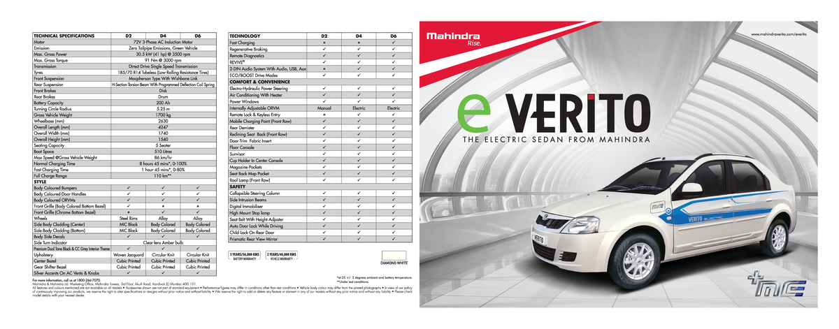 Mahindra E Verito - EV technologies - TECHNICAL SPECIFICATIONS D2 D4 D6 ...