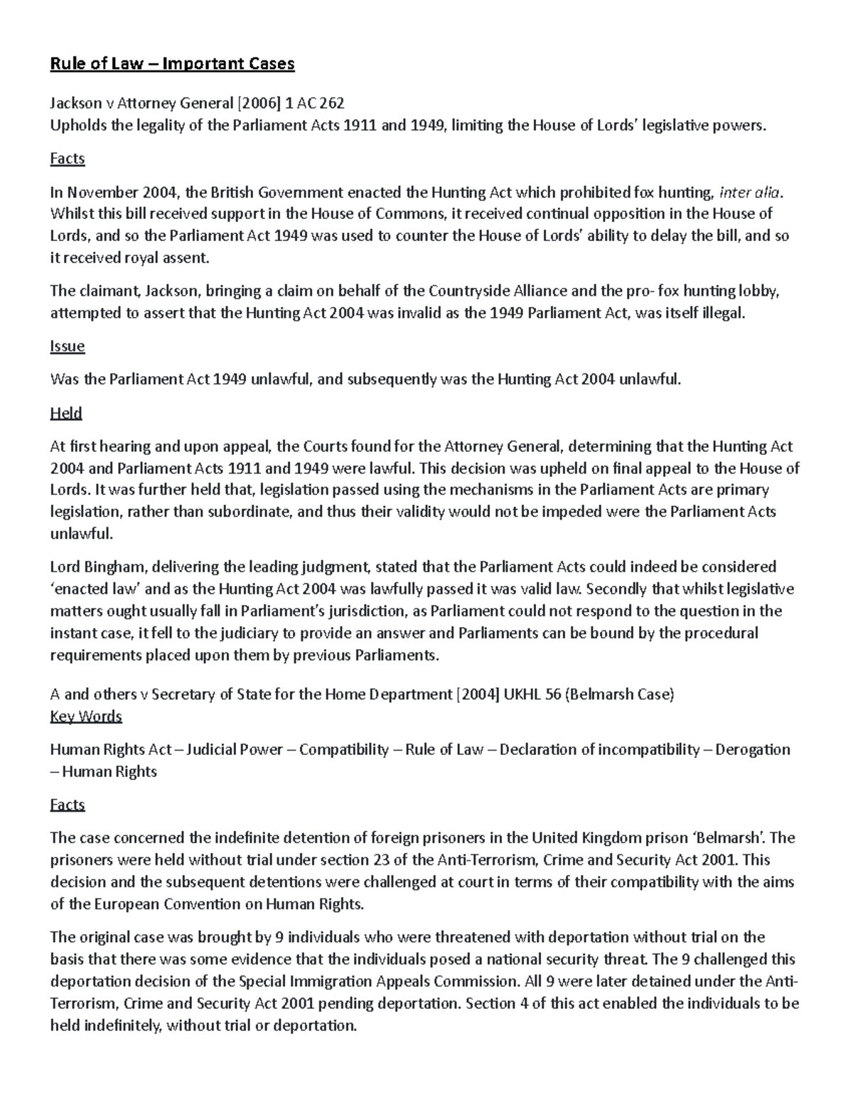 Rule of Law Important Cases - Rule of Law – Important Cases Jackson v ...