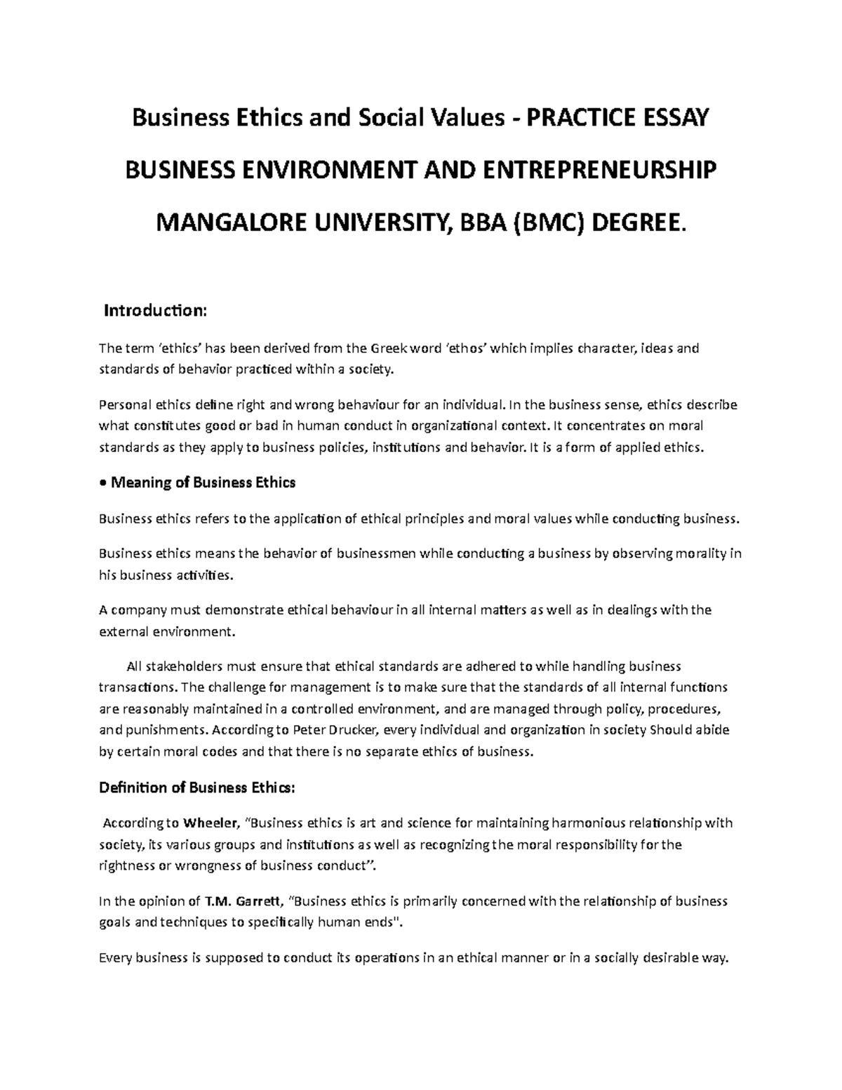 Business Ethics and Social Values (BEE) - Introduction: The term ...