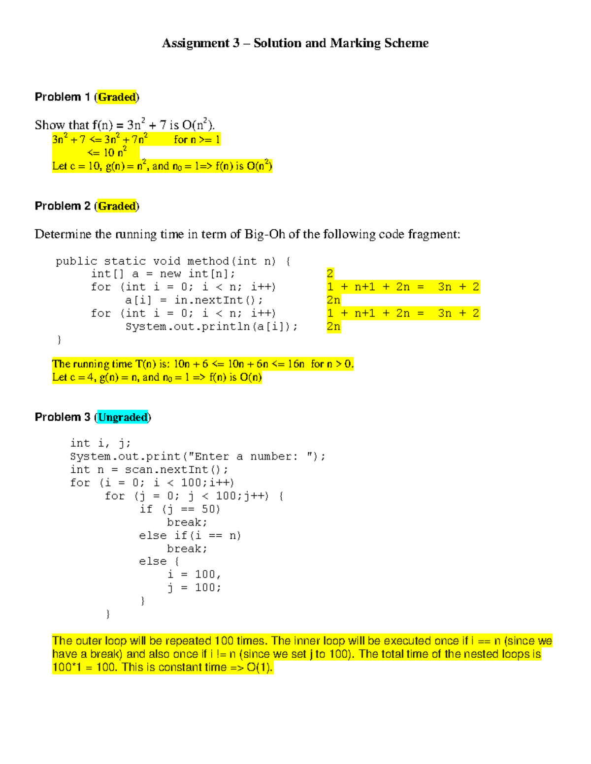 Assignment 3 - Solution and Marking Scheme - Assignment 3 – Solution and Marking Scheme Problem ...