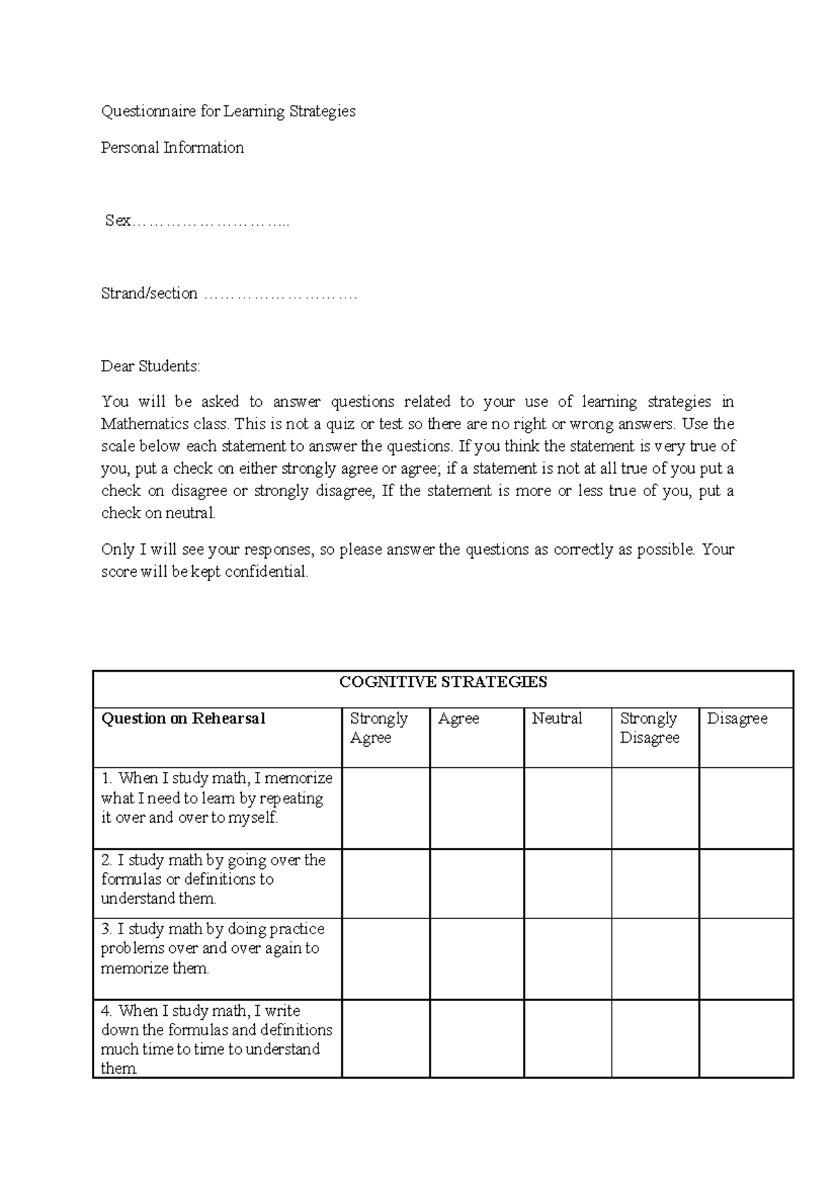 Research Instrument 2 - EMEROT - Questionnaire for Learning Strategies Personal Information ...