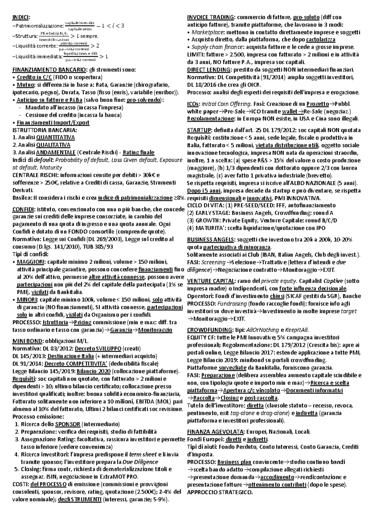 Mappa Concettuale Argomenti MFI - INDICI : -Patrimonializzazione ...