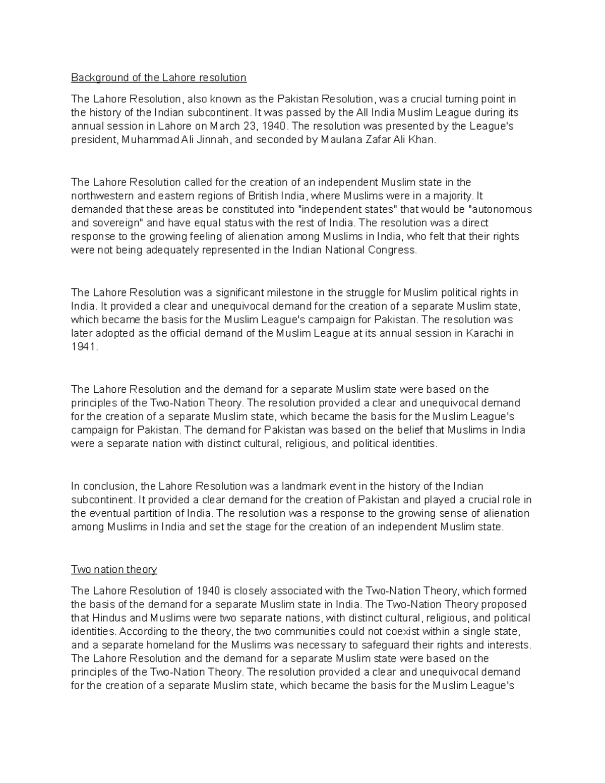 His103quiz3 - Notes - Background of the Lahore resolution The Lahore ...