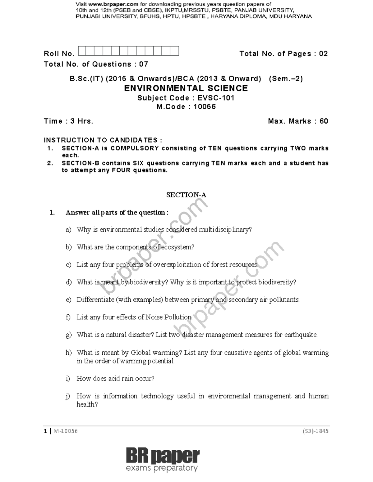 EVS(2nd)May2019 - Short notes - 1 | M-10056 (S3)- Roll No. T otal No ...
