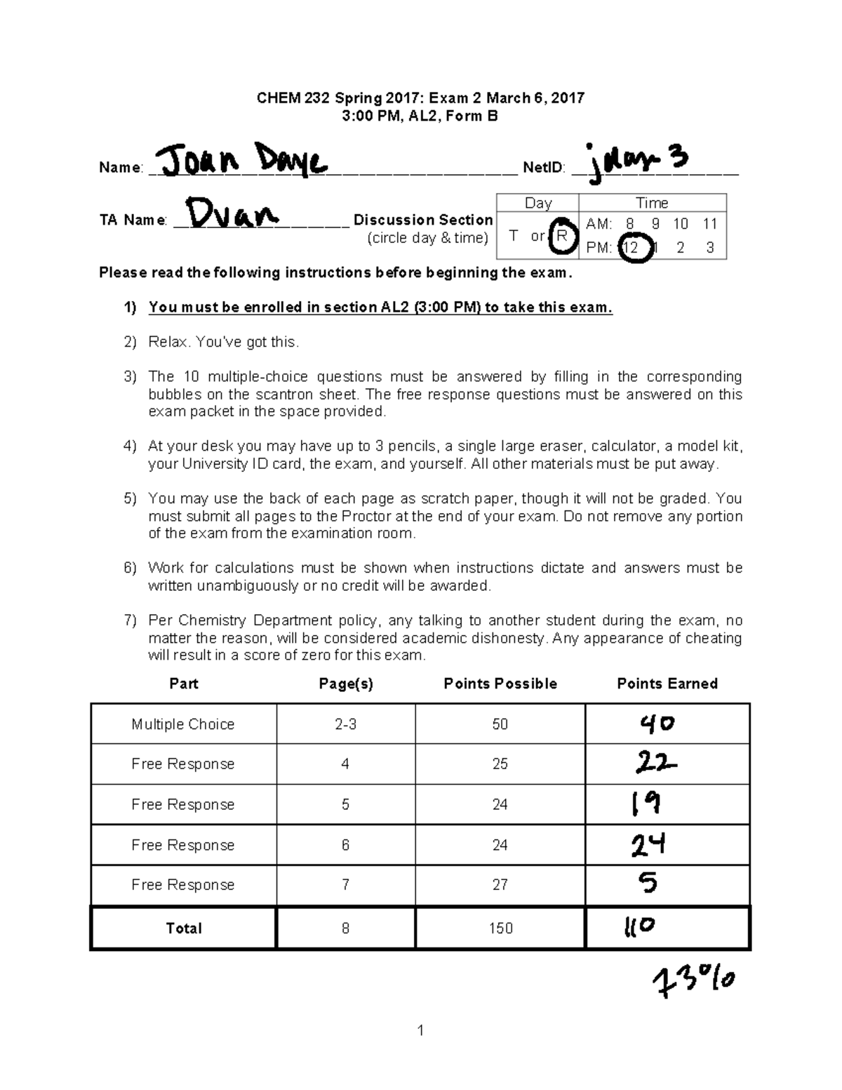 Exam 2 practice exams - exam2 - CHEM 232 Spring 2017: Exam 2 March 6 ...