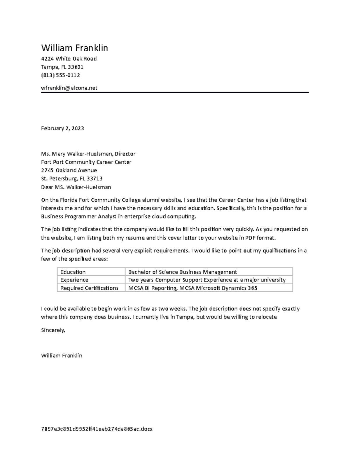 Scott Word 2G Letter and Resume - William Franklin 4224 White Oak Road ...