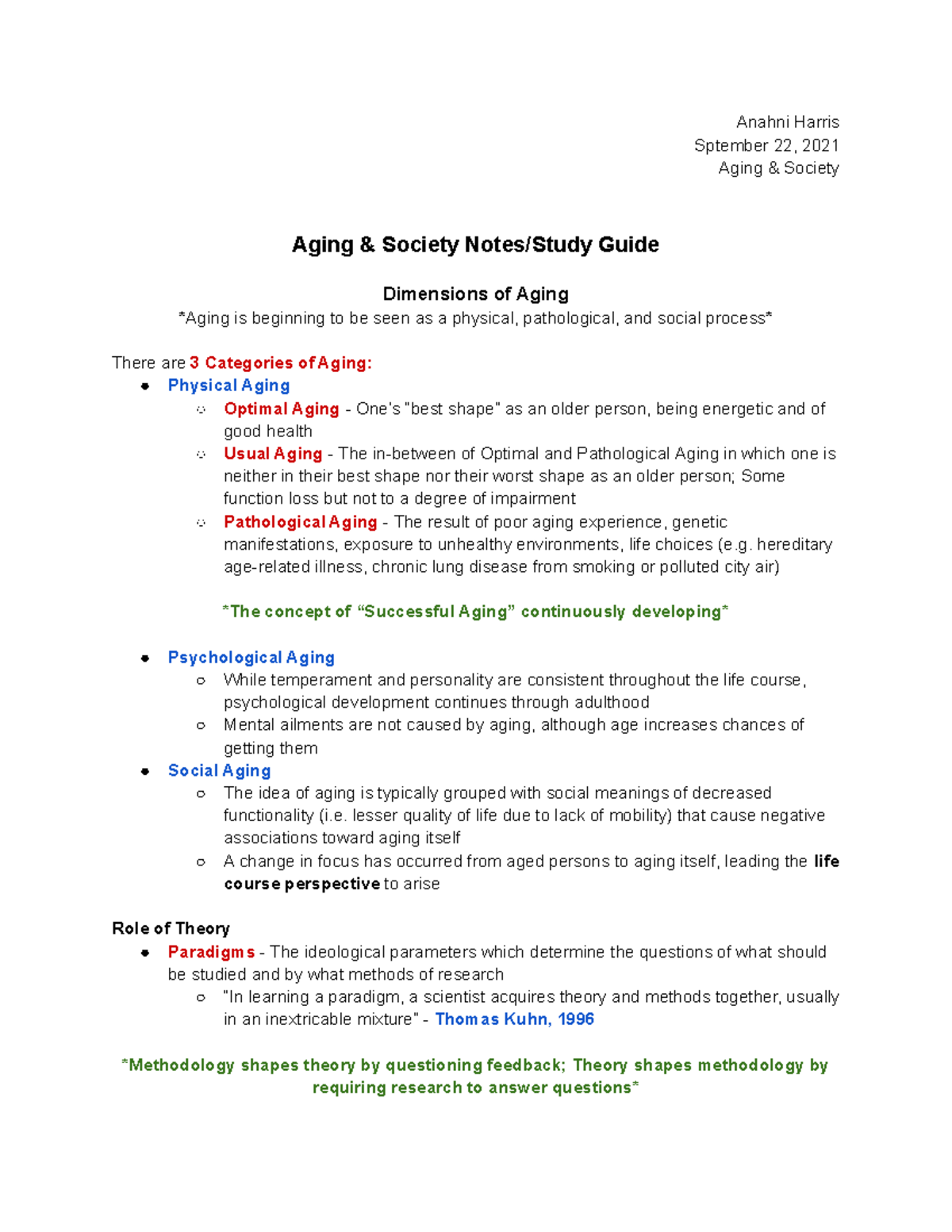 Aging & Society Notes Study Guide 1 - Anahni Harris Sptember 22, 2021 ...