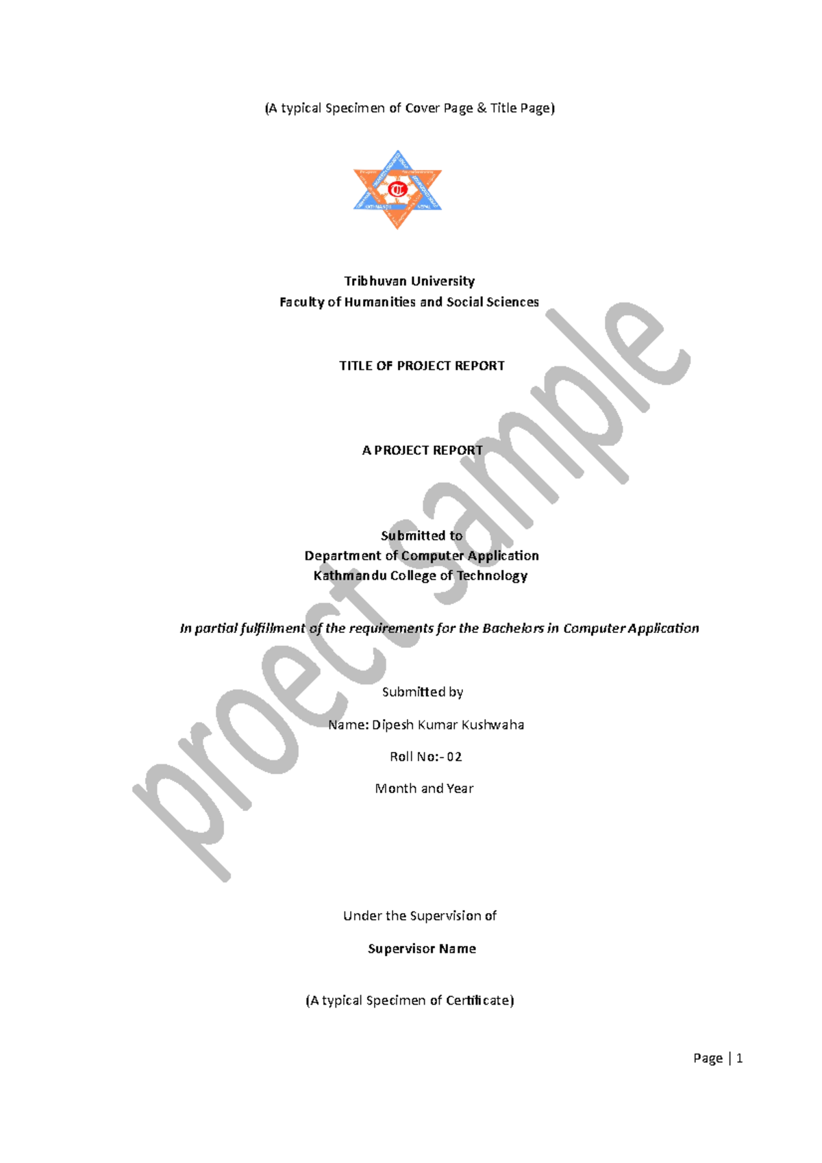Proect-sample - (A typical Specimen of Cover Page & Title Page ...