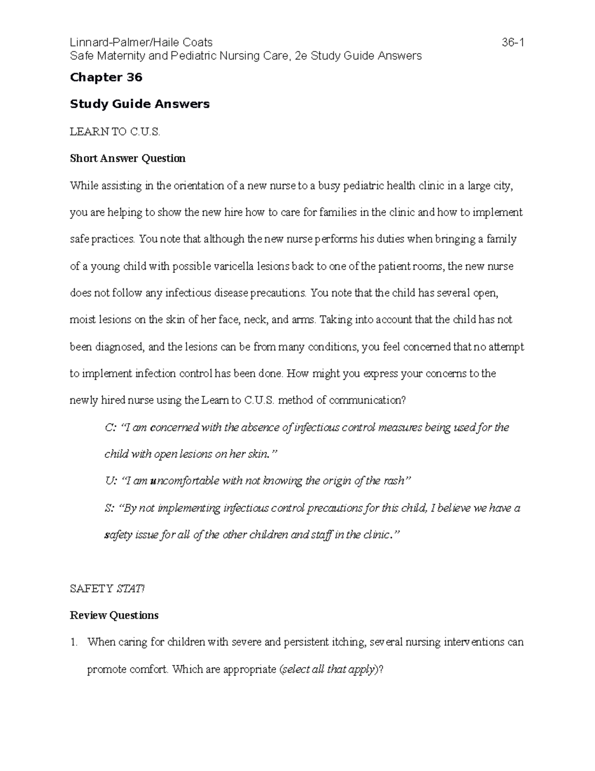 Ch. 36 Study guide answers - Safe Maternity and Pediatric Nursing Care ...