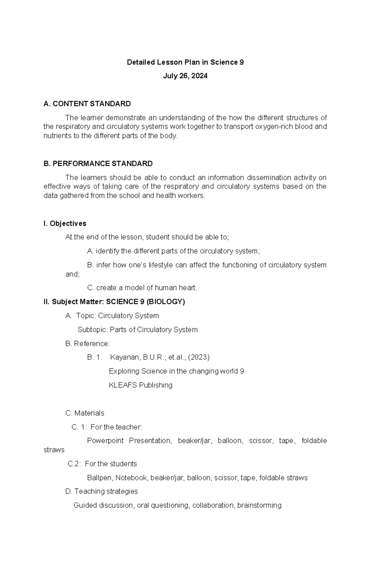 Circulatory dlp - learning plan - Detailed Lesson Plan in Science 9 ...