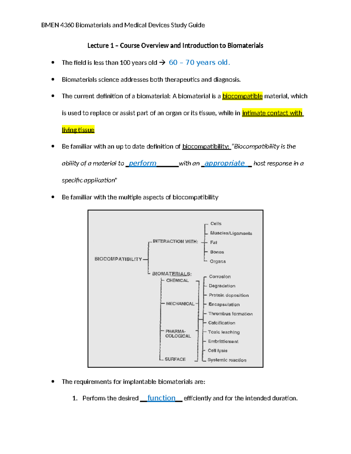 Lecture 1 Study Guide - BMEN 4360 Biomaterials and Medical Devices ...