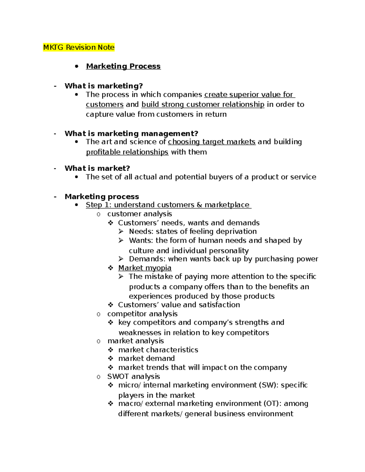 MKTG Lecture Note - notes - MKTG Revision Note Marketing Process What ...