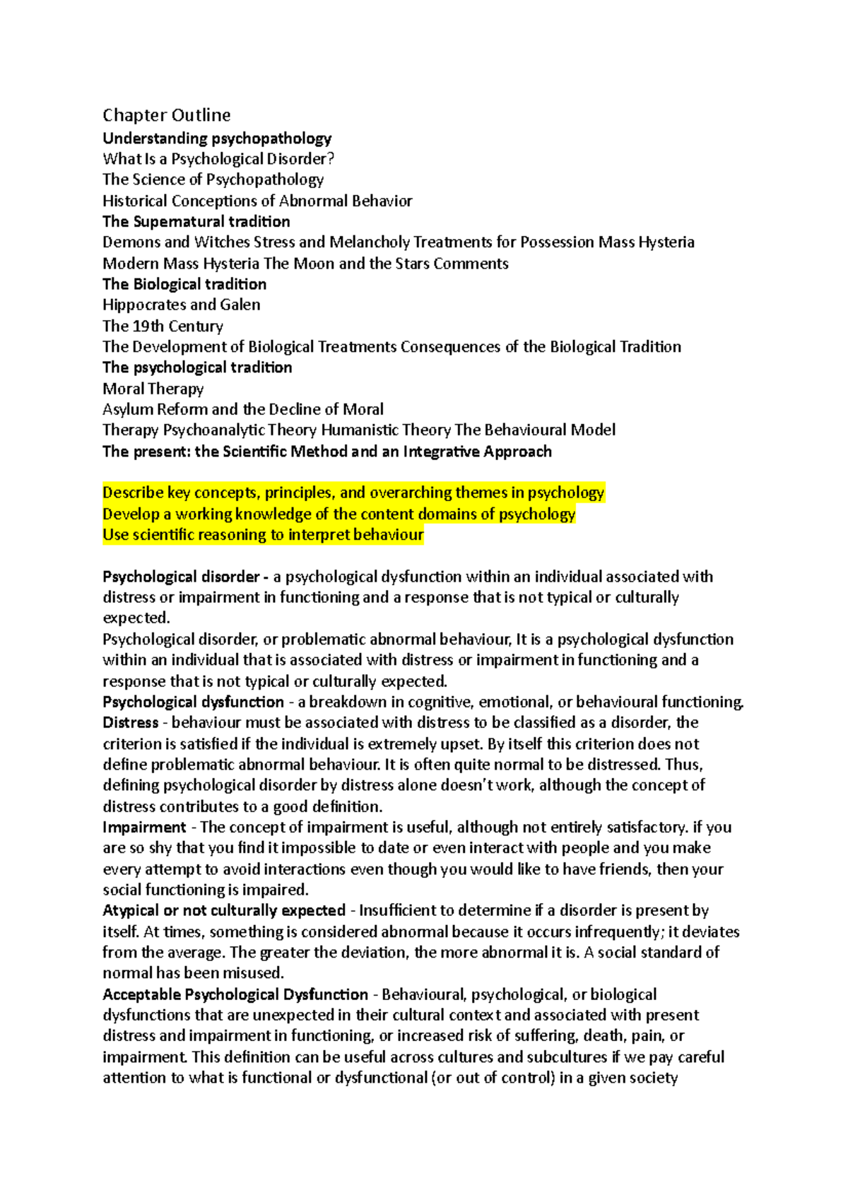 Chapter 1 notes - Chapter Outline Understanding psychopathology What Is ...