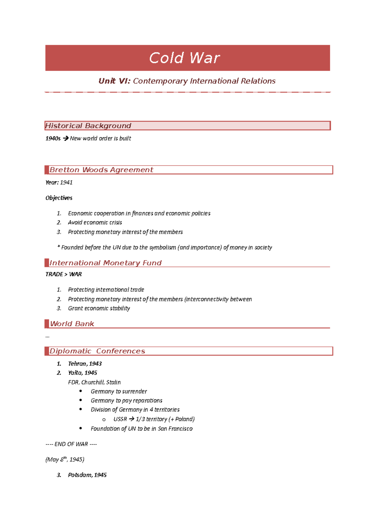 The Cold War - U6 - Lecture notes on unit 6 of contemporary world ...