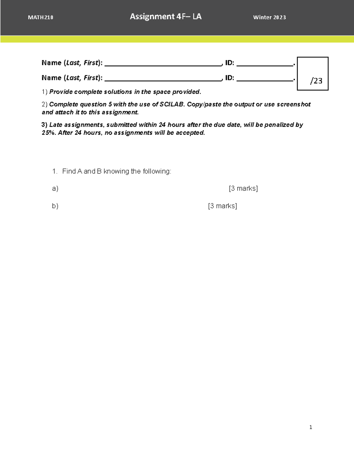 Math 210 Assignment 4f La Winter 2023 Name Last First