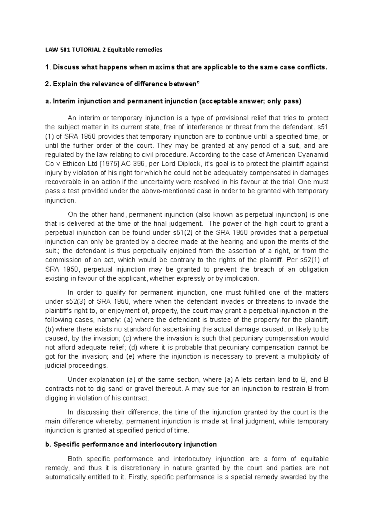 LAW 501 Tutorial 2 Equitable remedies - LAW 501 TUTORIAL 2 Equitable remedies 1. Discuss what ...