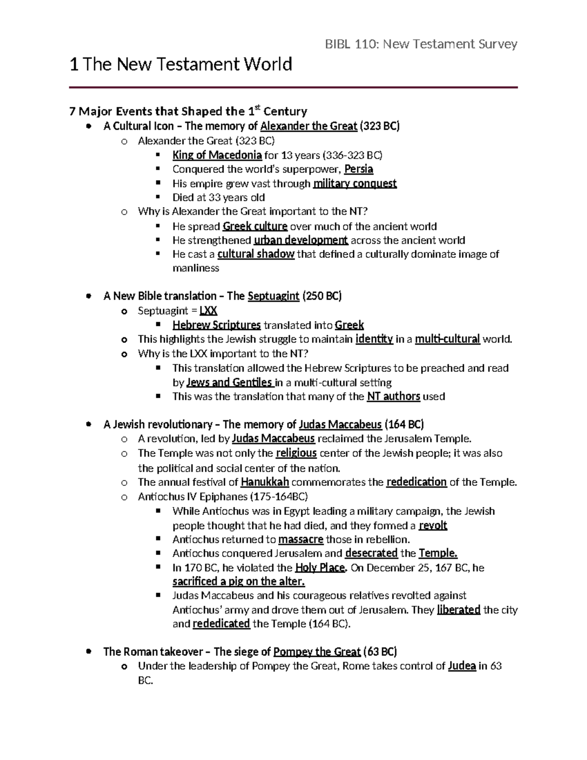 1 New Testament World - Notes - BIBL 110: New Testament Survey 1 The ...