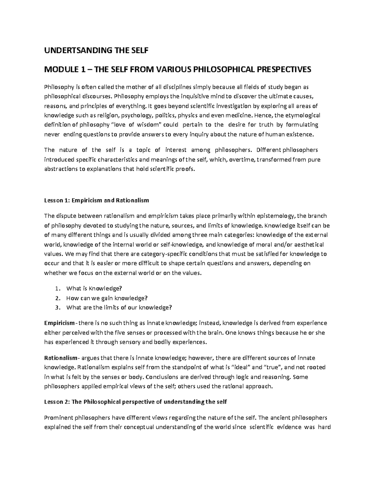 Uself Prelim Module Smacp MGL 1 - UNDERTSANDING THE SELF MODULE 1 – THE ...