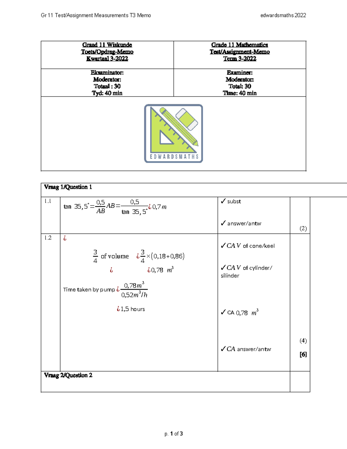 Gr 11 Edwardsmaths Test or Assignment Measurements T3 2022 Memo - Gr 11 ...