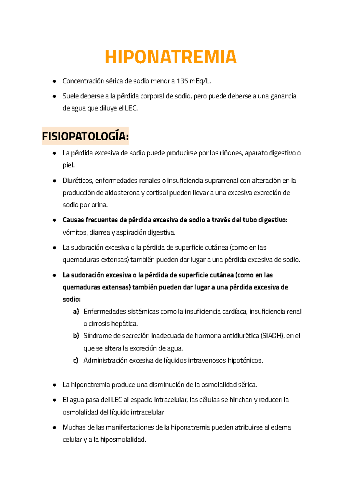 Hiponatremia - Hshshjs - HIPONATREMIA Concentración sérica de sodio ...