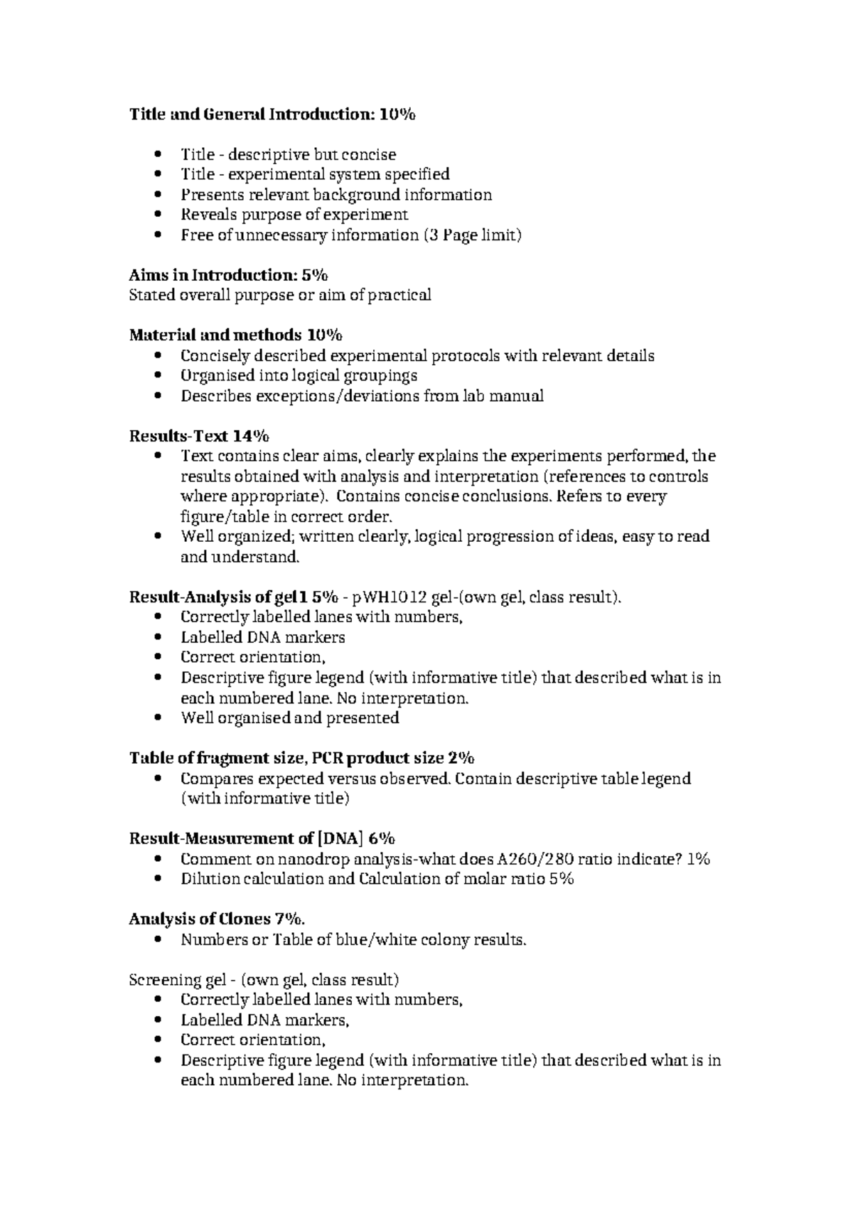 Report Rubric - Title and General Introduction: 10% Title - descriptive ...