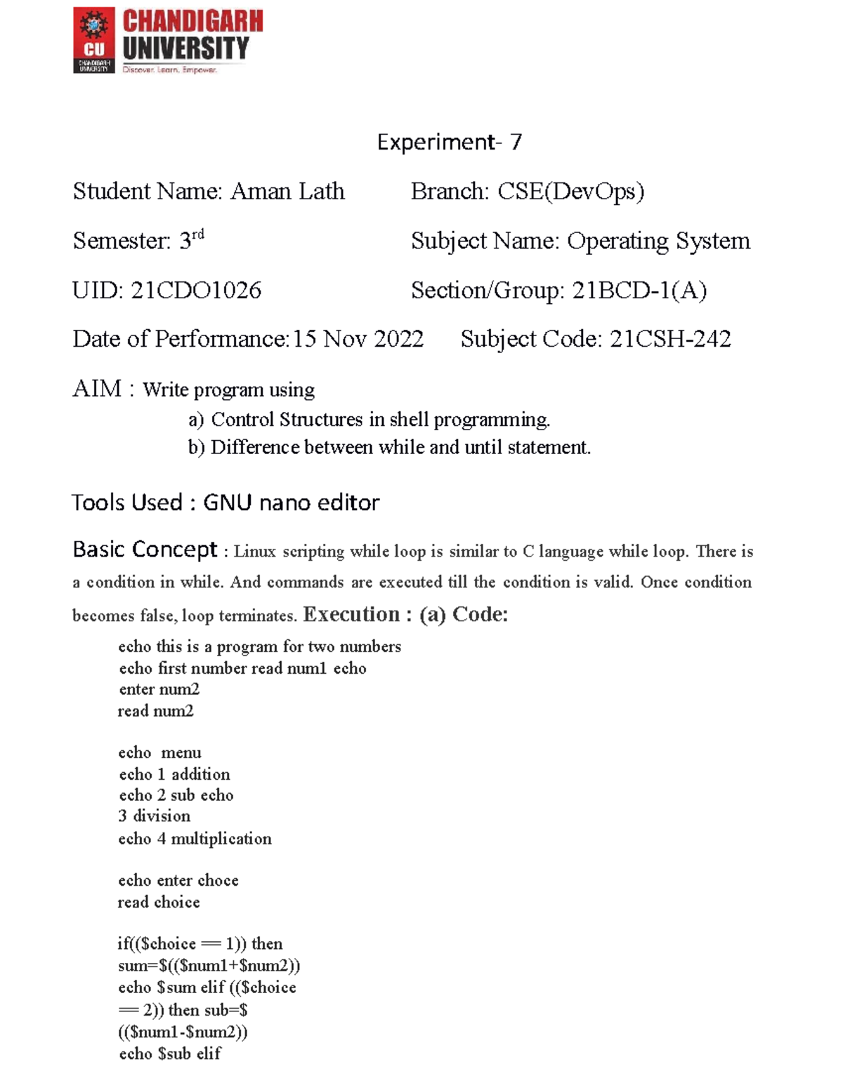 6409 os 7 - djygty - Experiment- 7 Student Name: Aman Lath Branch: CSE ...