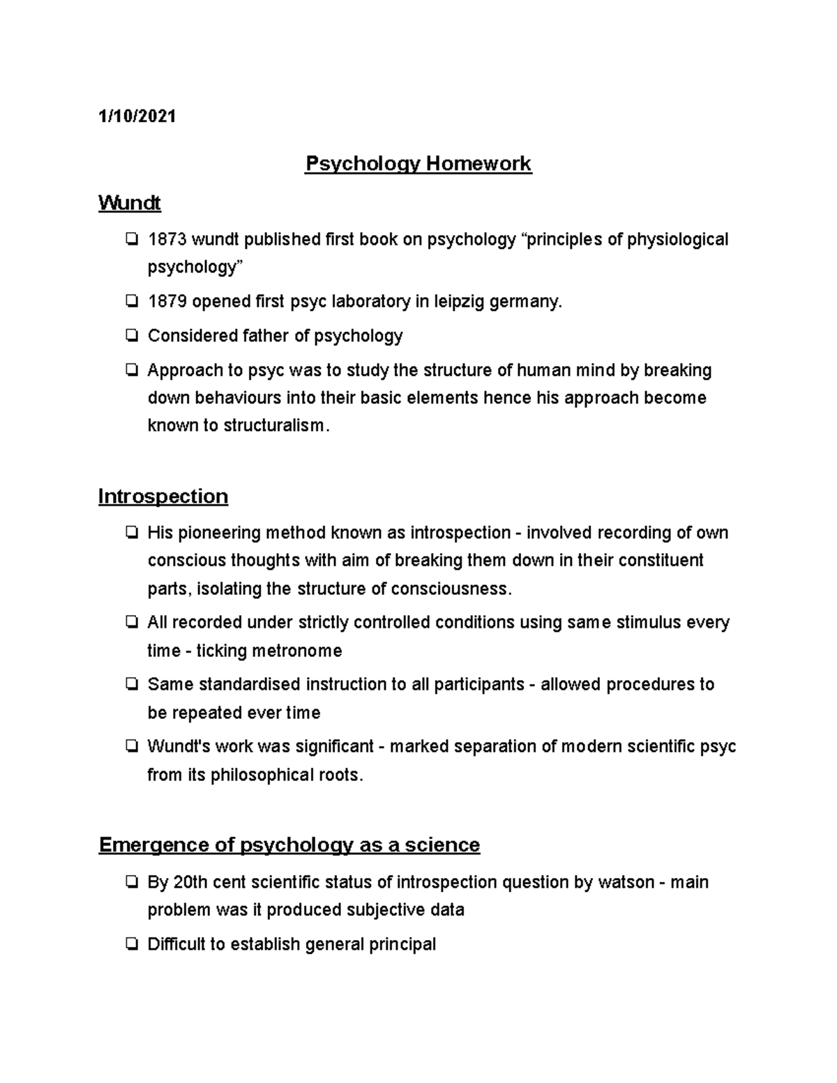 1 approaches wundt - psychology - 1/10/ Psychology Homework Wundt 1873 ...