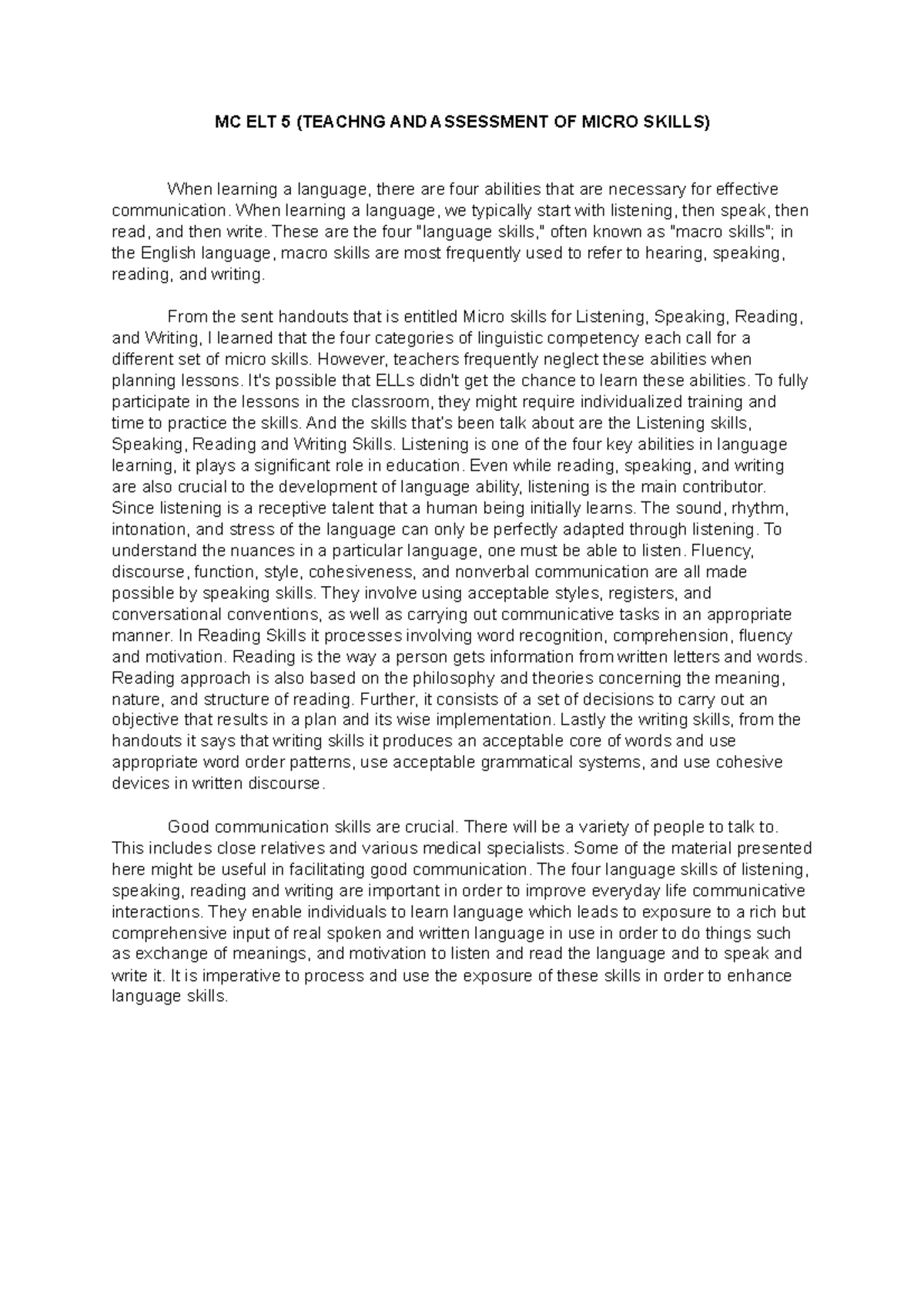 MC ELT 5 SUBJECT - MC ELT 5 (TEACHNG AND ASSESSMENT OF MICRO SKILLS ...