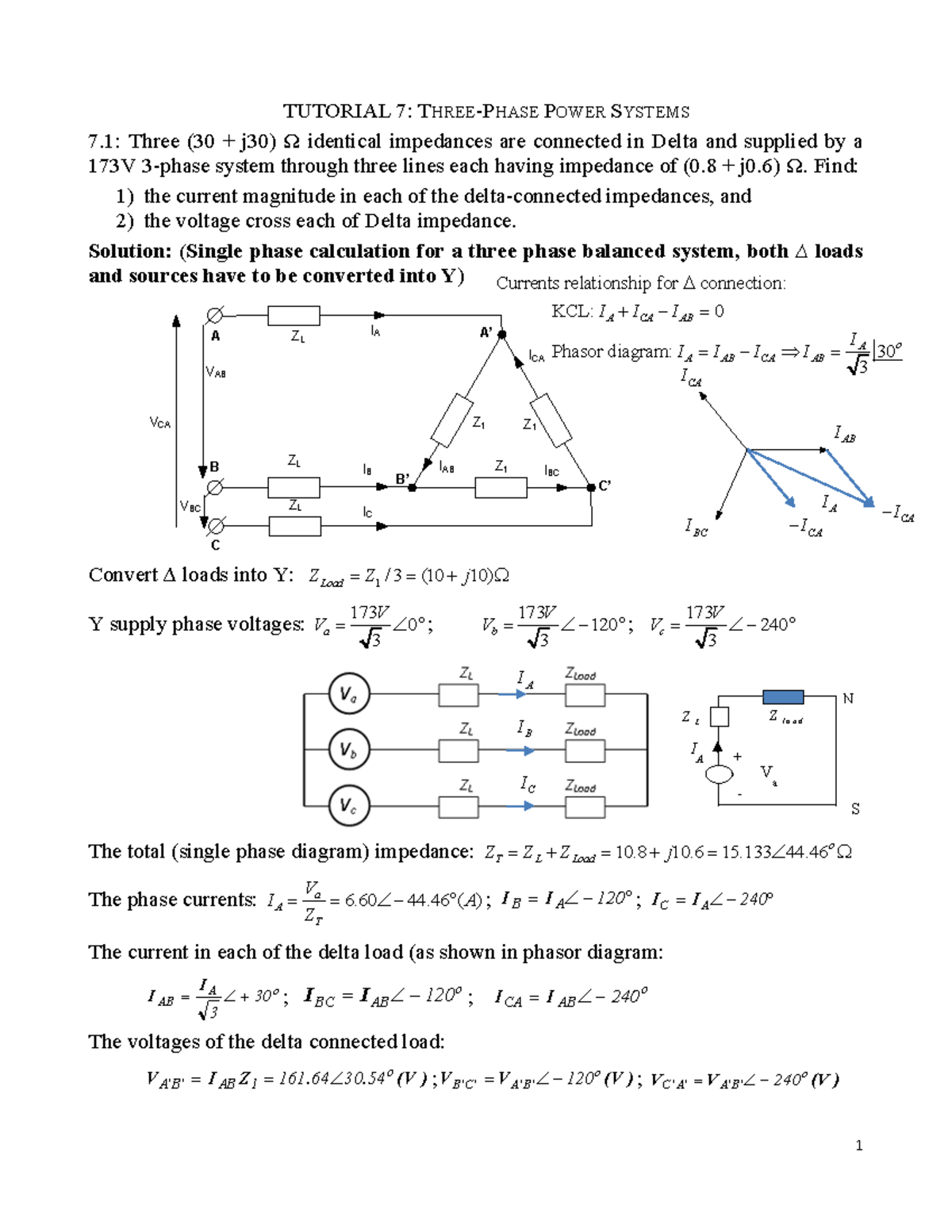 EE4533 -Tutorial 7 Solutions - TUTORIAL 7: THREE-PHASE POWER SYSTEMS 7: Three (30 + j30) Ω ...